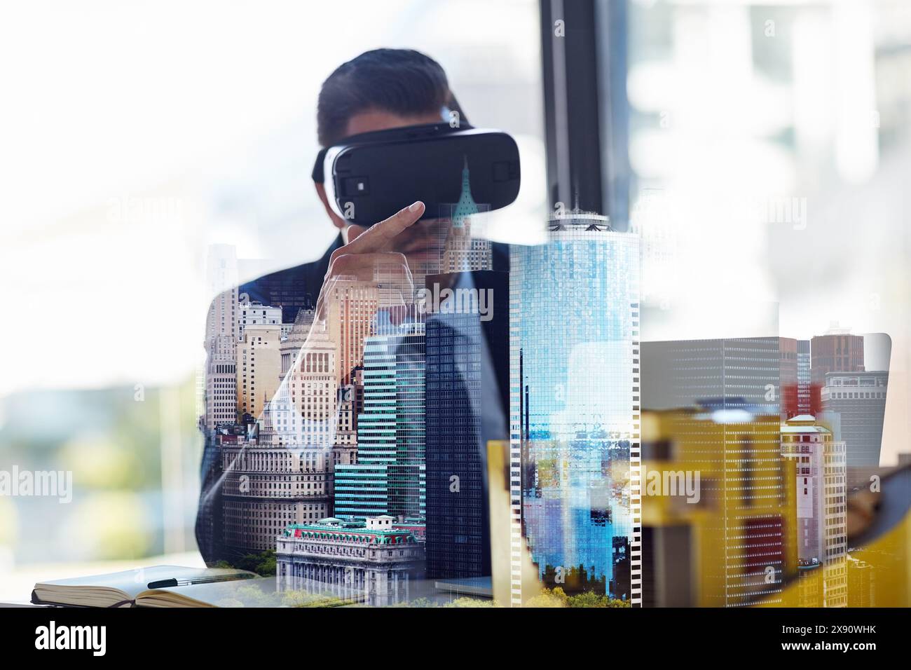 Business, man and vr with city overlay for future technology, vision ...