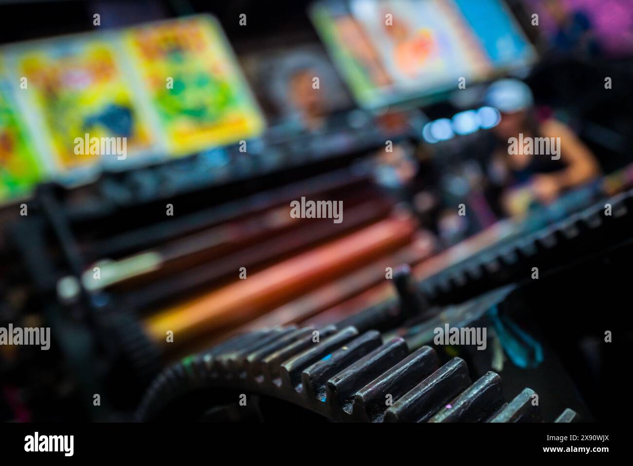 A detail view of the gear cog of the historical letterpress machine at ...