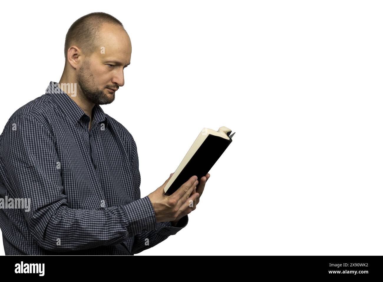 Captured here is a 45-year-old Caucasian man who stands against a white ...