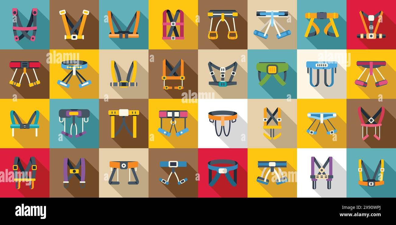 Climbing harness icons set vector. A collection of safety harnesses in ...