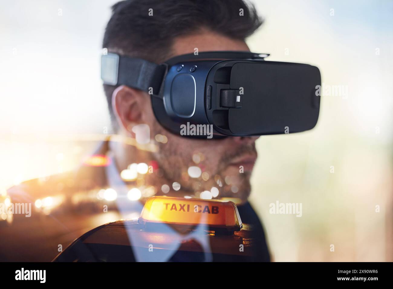 Business, man and vr with city overlay for future technology, vision ...