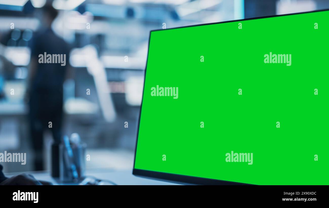 Close Up of a Desktop Computer Monitor with Green Screen Mock Up ...