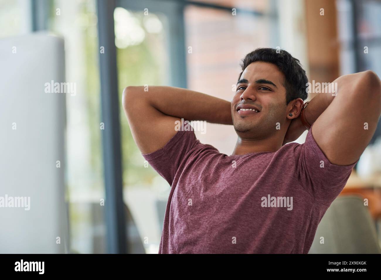 Relax, business and man at desk, smile and completed task with ...