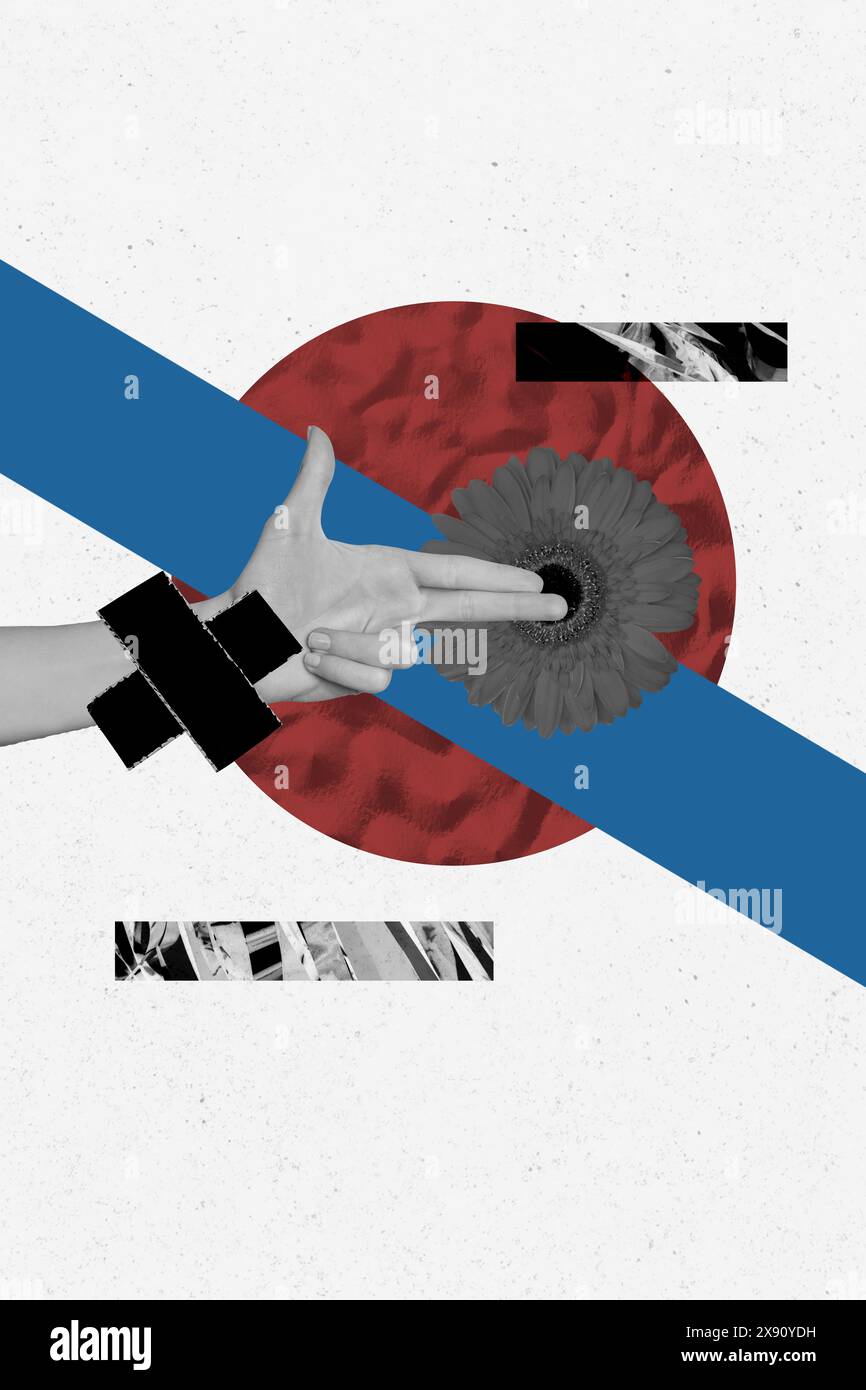 Vertical photo collage of hand hold fingers gun gesture shot gerbera ...