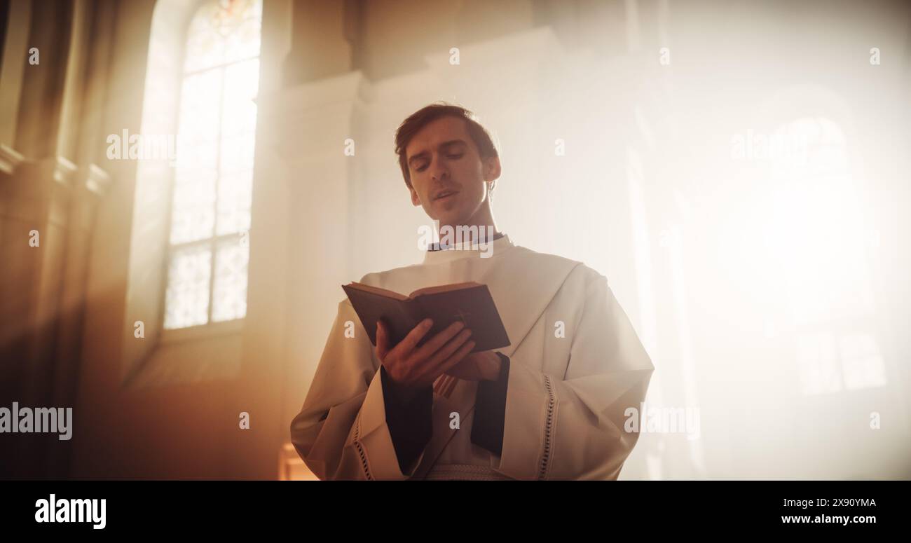 In Christian Church: Portrait of The Minister Praying, Reads From The ...