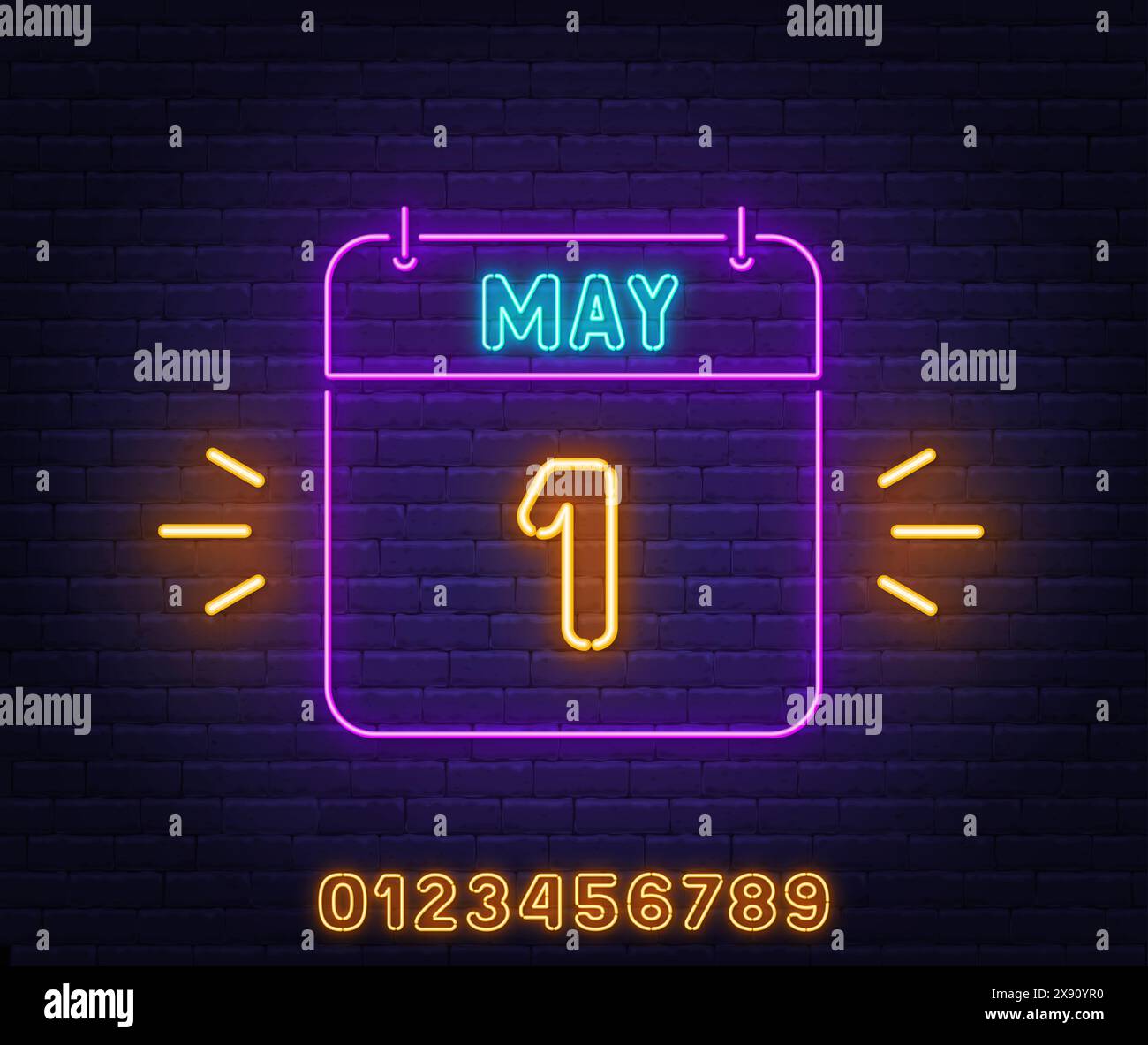 Neon Calendar Sign 1 May on brick wall background. Template with neon ...
