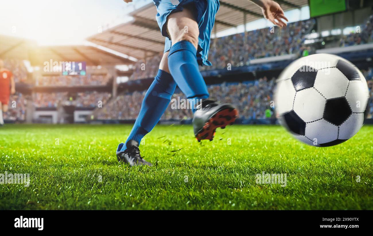 Football World Championship: Soccer Player Runs, Kicks the Ball. Ball ...