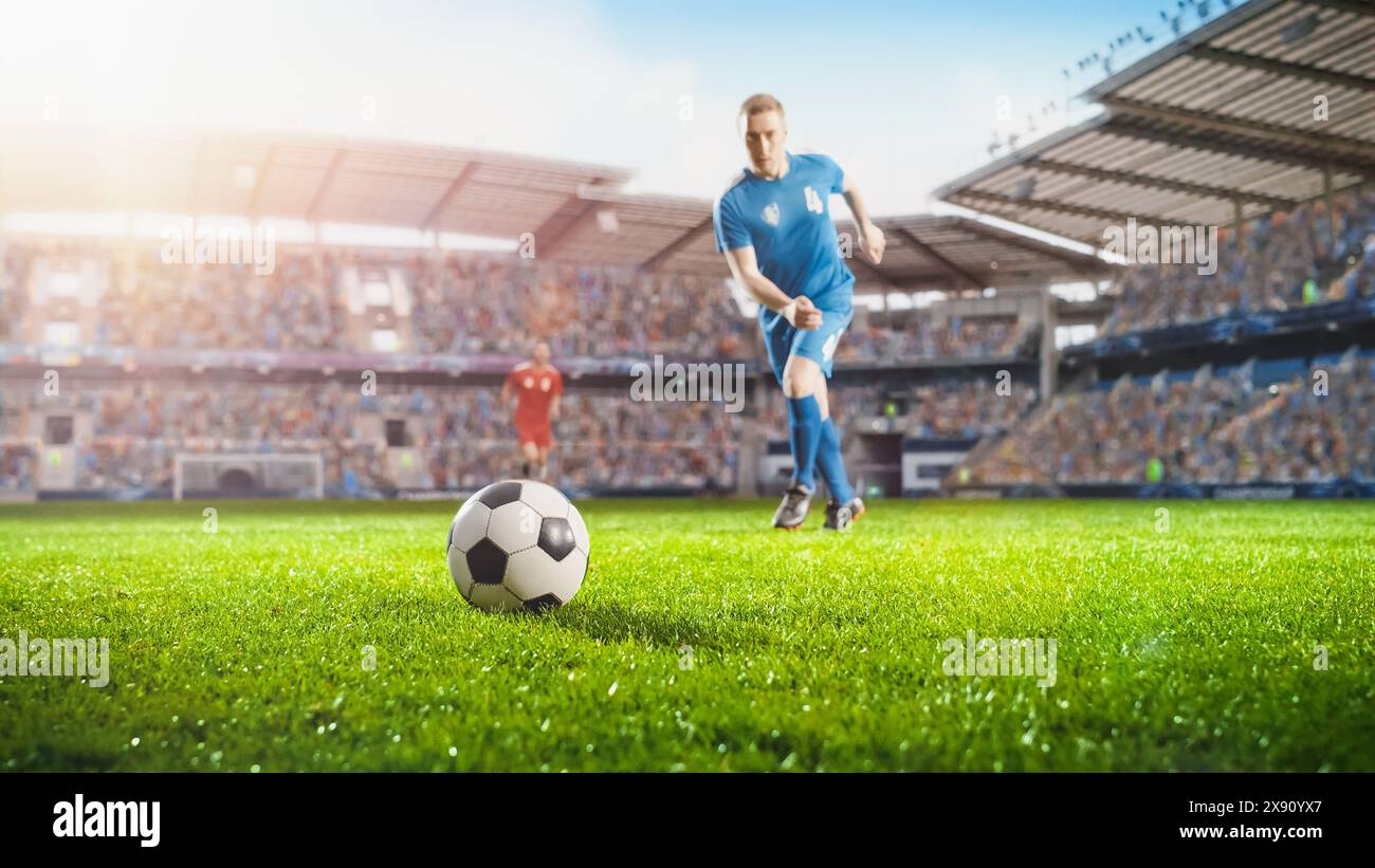 Football World Championship: Soccer Player Runs to Kick the Ball. Ball ...