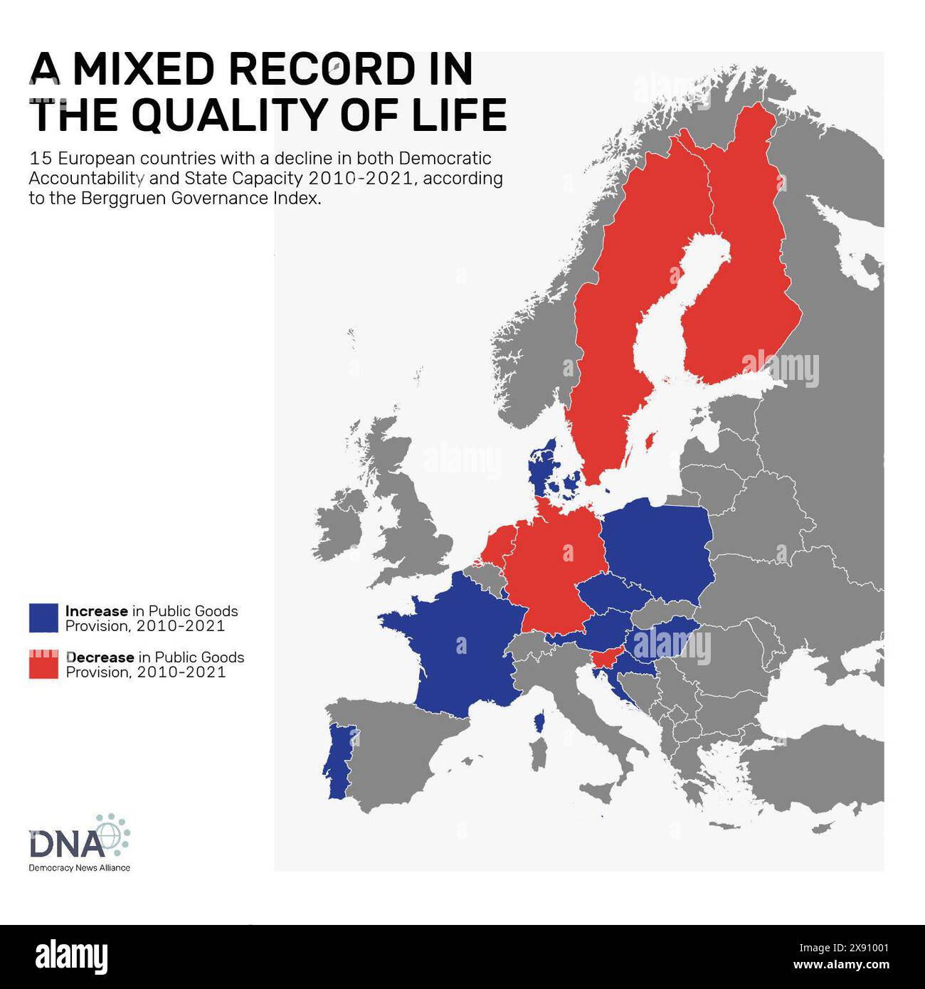 Red marked countries suffered a decline in public goods provisions in the years 2010 to 2021 ...