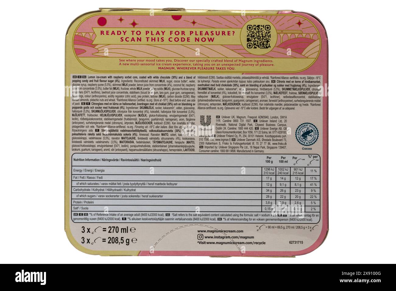 Ingredients and nutritional information on back of box of Magnum ...