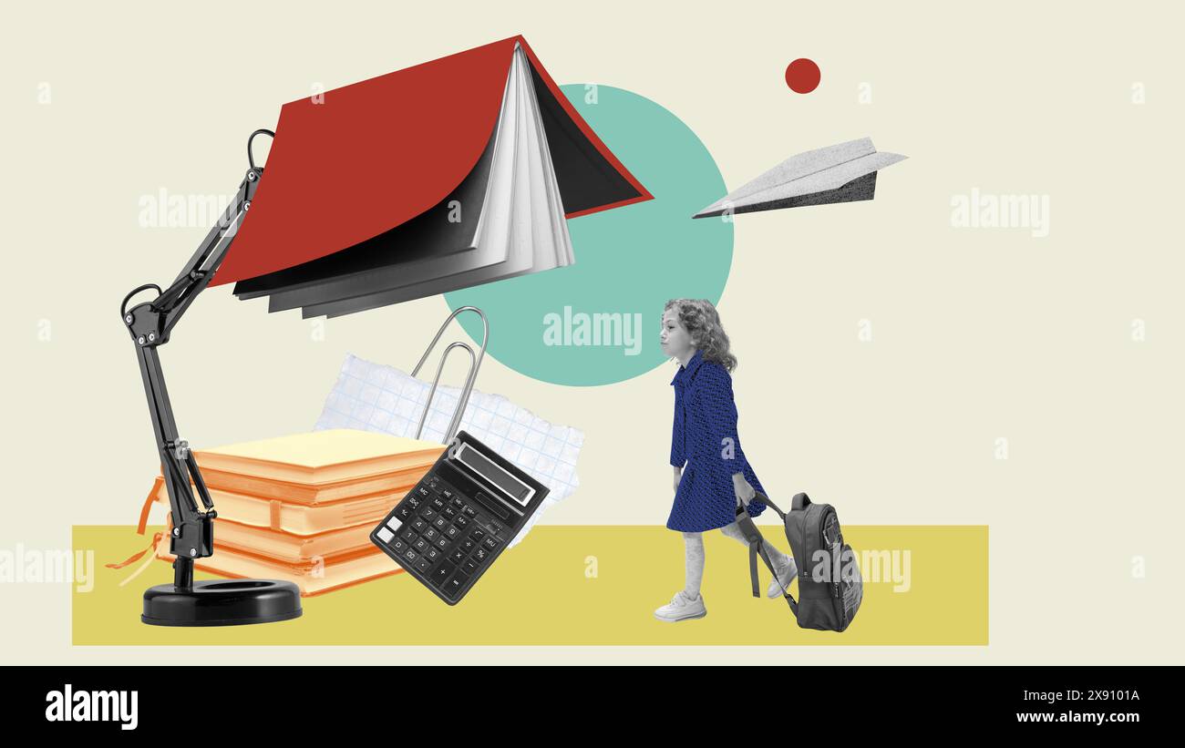 Little sleeping girl carrying backpack and walking in direction of books and lamp. Time for ...