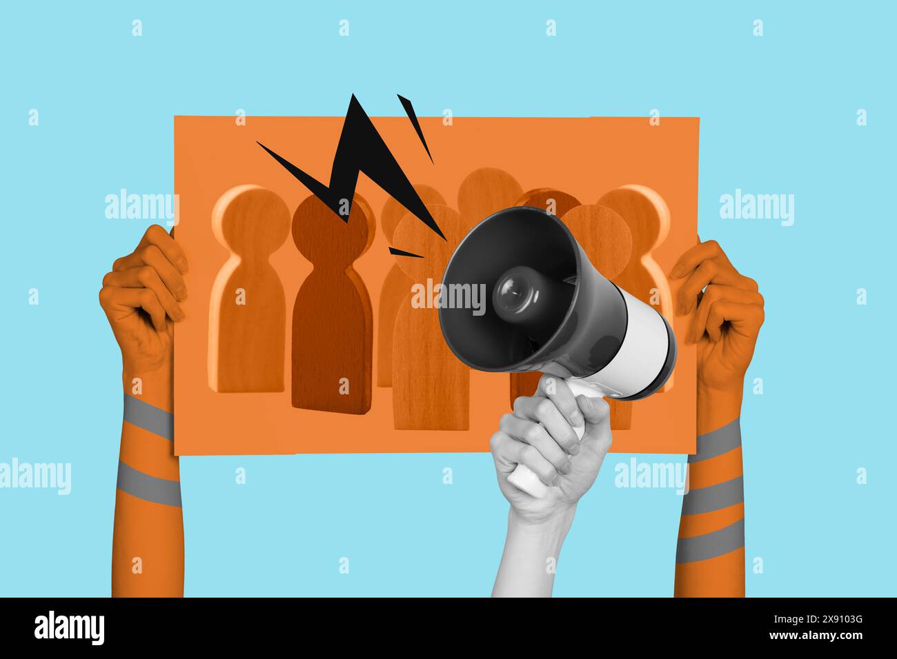 Composite photo collage of hands show poster hold megaphone agitation ...