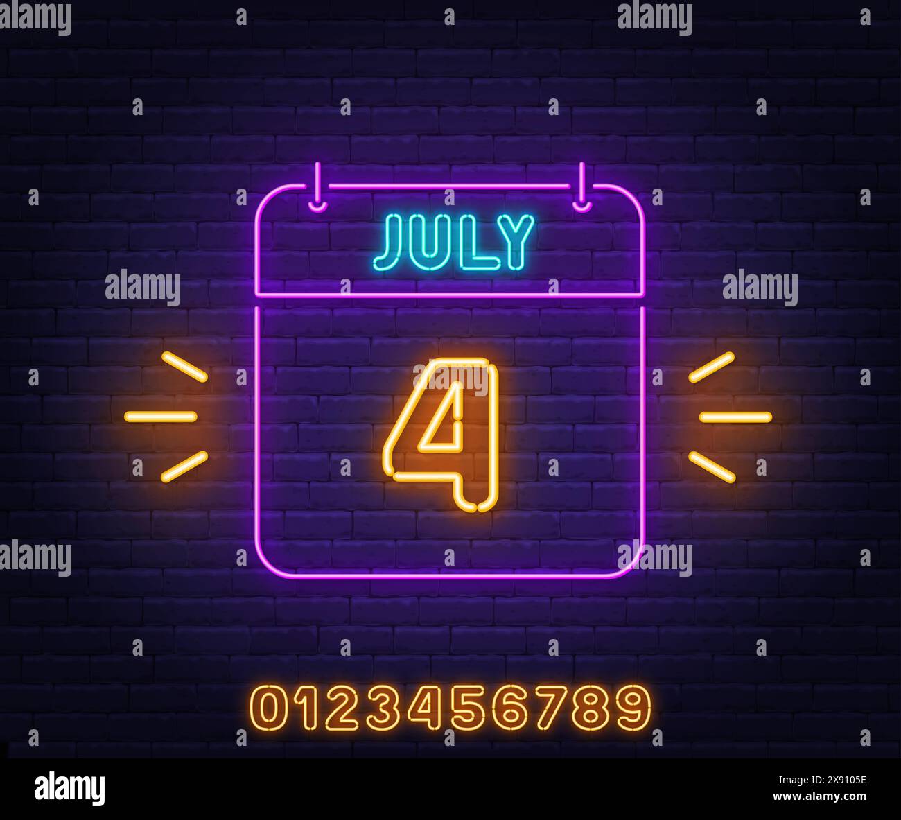 Neon Calendar Sign 4 July on brick wall background. Template with neon ...