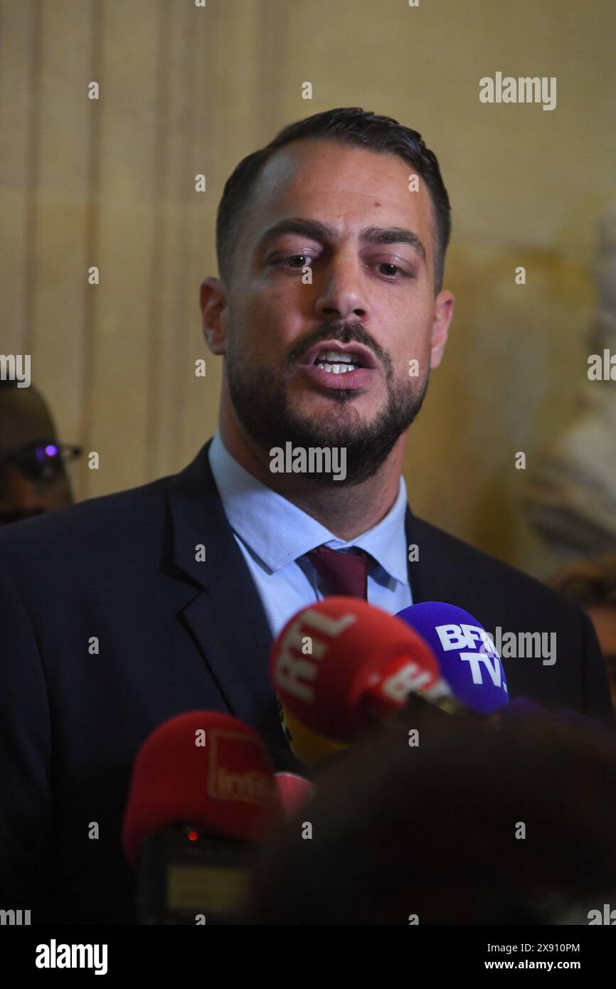 LFI MP Sebastien Delogu speaks to journalists after waving a ...