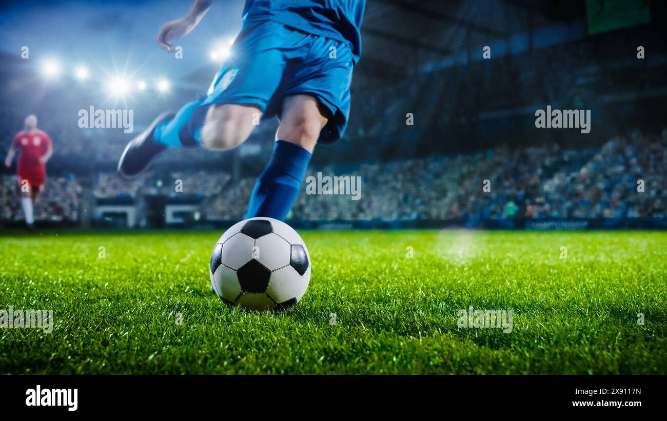 Football World Championship: Soccer Player Runs to Kick the Ball. Ball ...