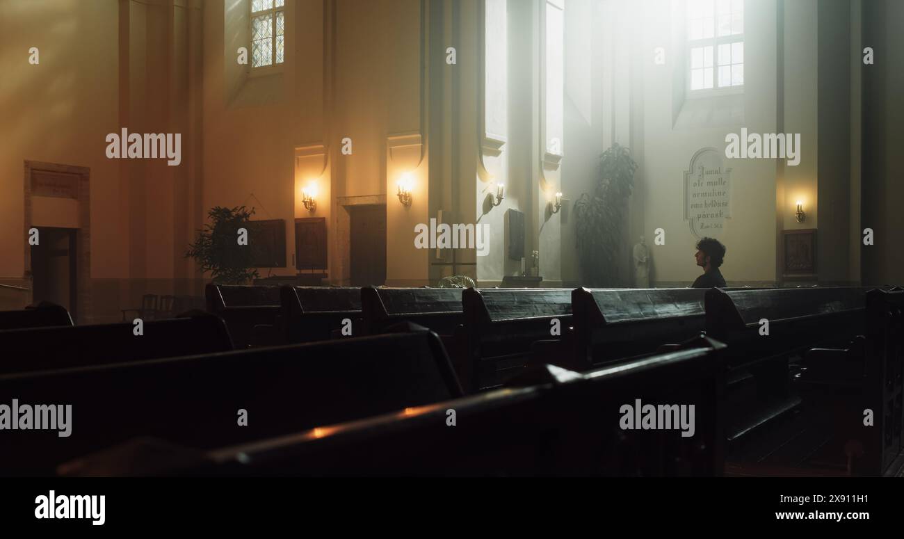 Spiritual Man Sitting and Praying in the Church. Parishioner Feeling ...
