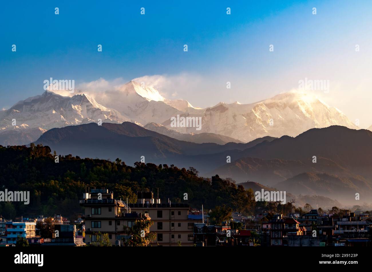 Sunrise over Annapurna mountain range seen from Pokhara city Stock ...