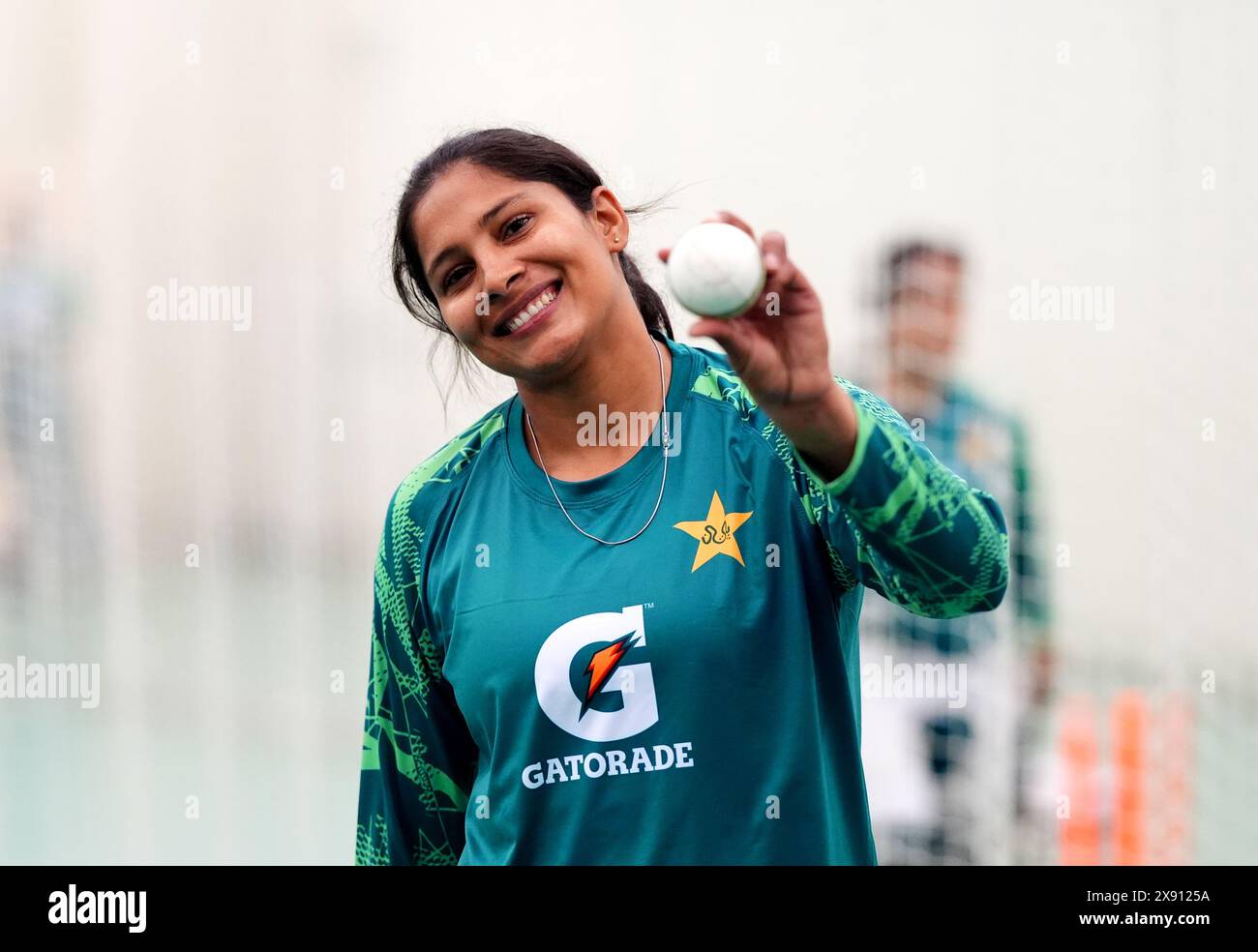Pakistan's Sadia Iqbal during a nets session at The Cloud County Ground ...