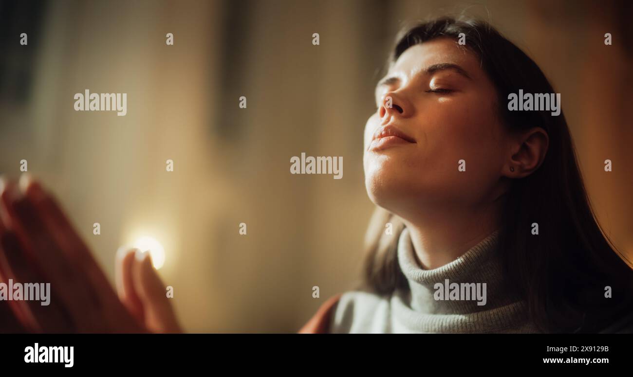 Christian Woman Sits Piously in Church, Praying, Seeks Guidance and ...