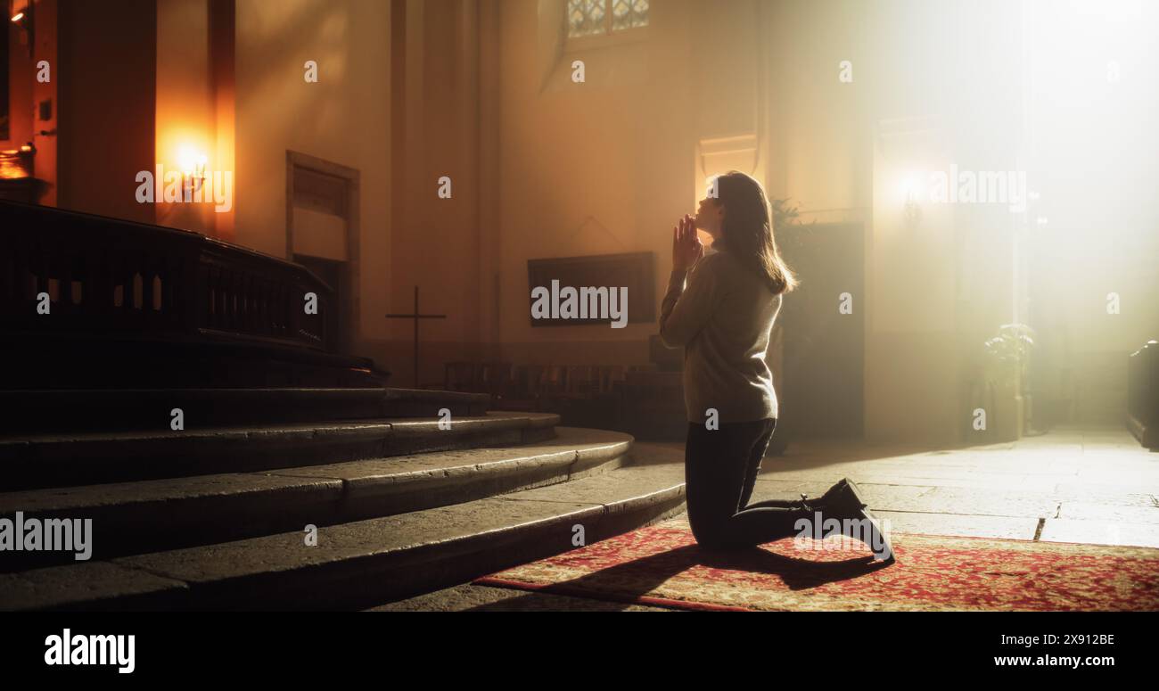 Side View: Christian Woman Getting on her Knees in Front of Altar and ...