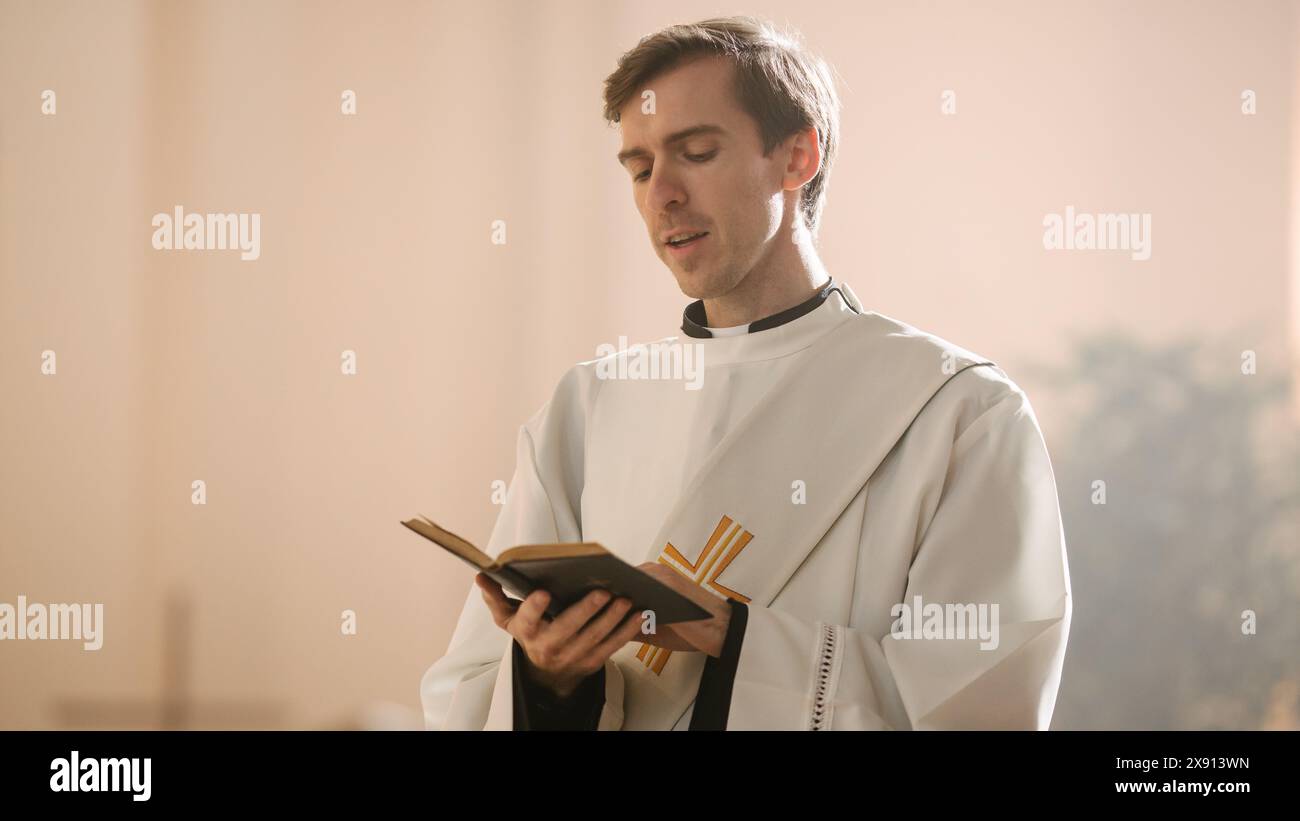 In Christian Church: Portrait of The Minister Praying, Reads From The ...