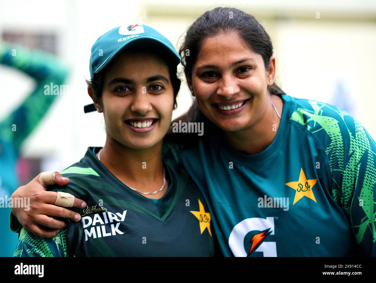 Pakistan's Nashra Sandhu (left) and Sadia Iqbal during a nets session ...