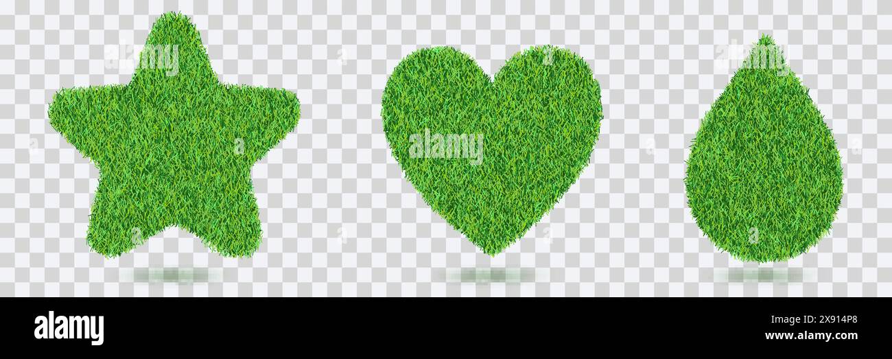 Water drop, star, heart shapes with realistic lawn grass texture on ...