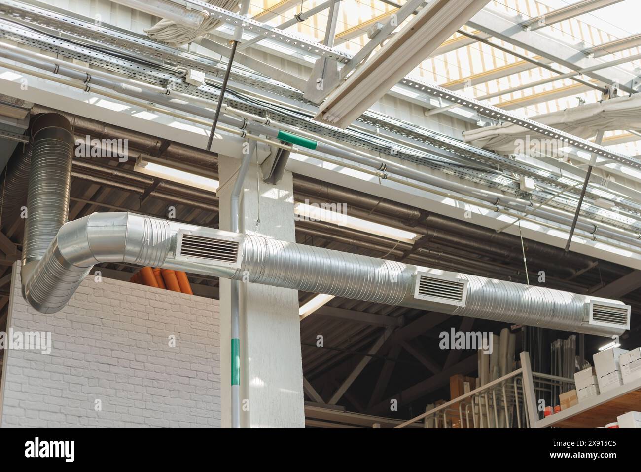 HVAC Ventilation Duct pipe with three grids, hanging under the ceiling ...