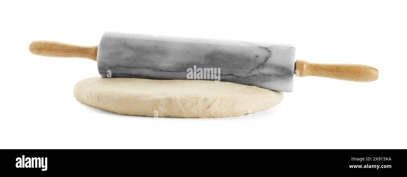 Raw dough and rolling pin isolated on white Stock Photo - Alamy