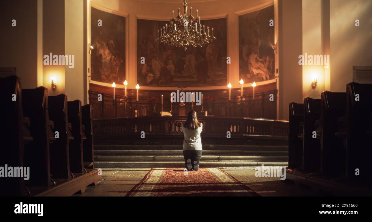 Back Symmetrical View: Christian Woman Getting on her Knees and ...