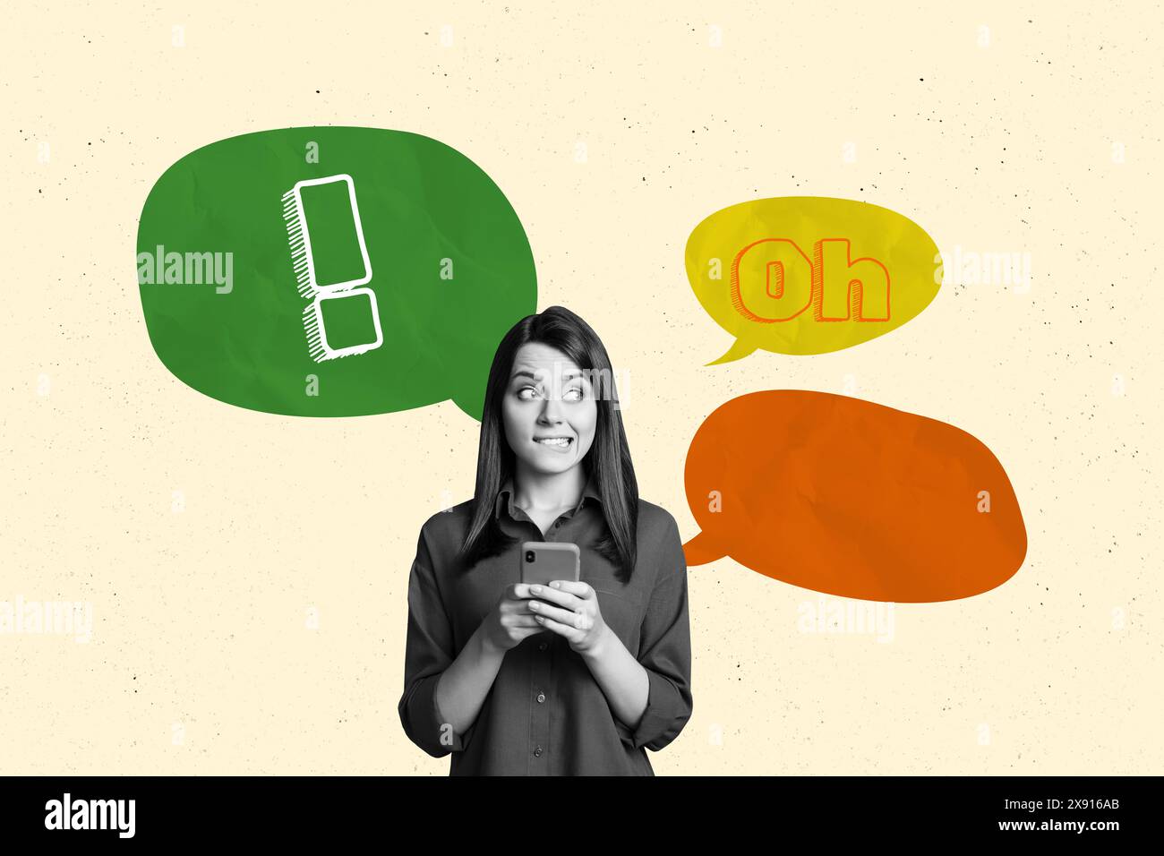 Composite photo collage of guilty girl hold iphone type wrong message ...