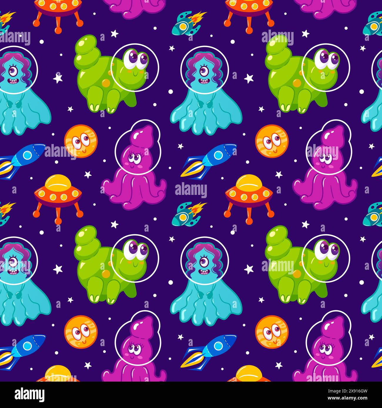 Cute space cartoon monsters. Aliens. Bright multi-colored rockets in ...