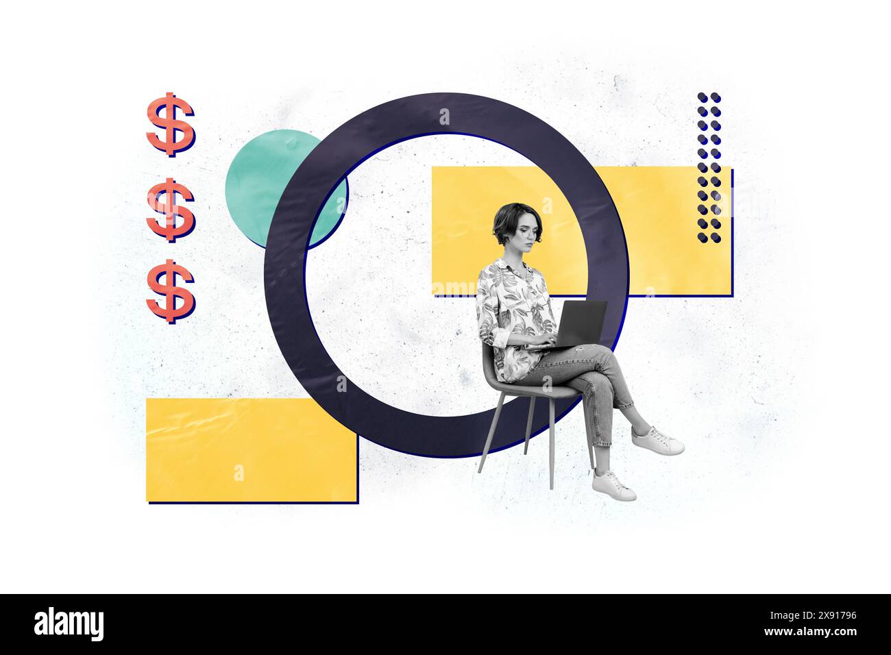 Creative Abstract Template Collage Of Young Female Sit Chair Earning