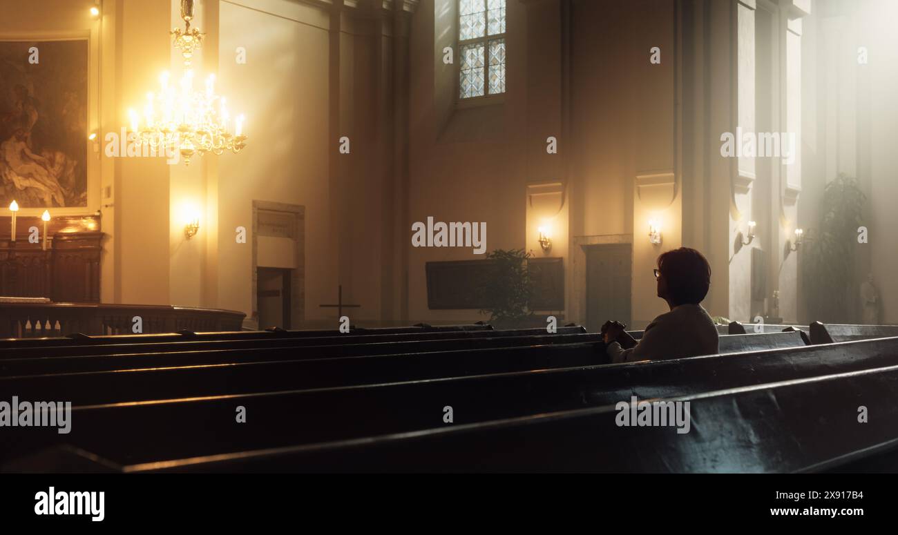 Christian Woman Sits Piously in Church, Praying, Seeks Guidance and ...
