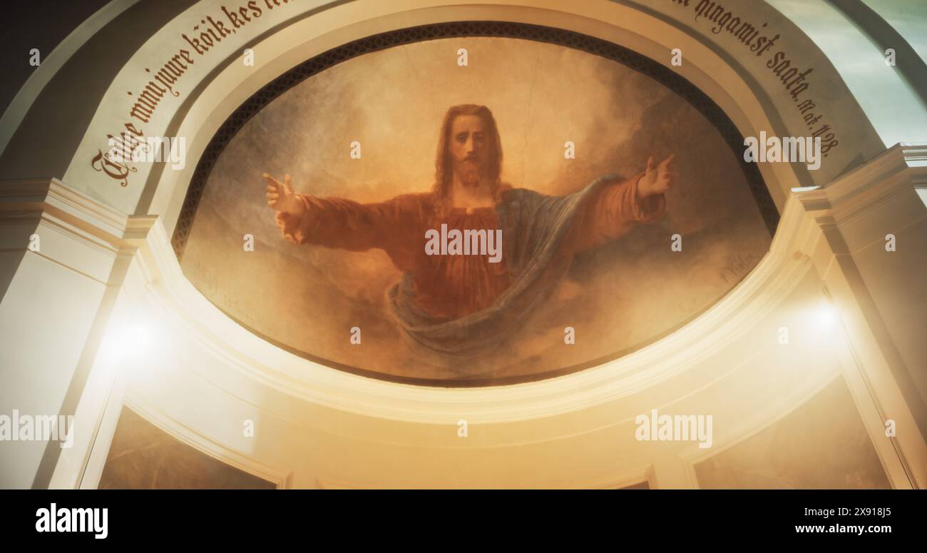 Mural Portrait of Lord Jesus Christ with Open Arms. A Painting on a ...