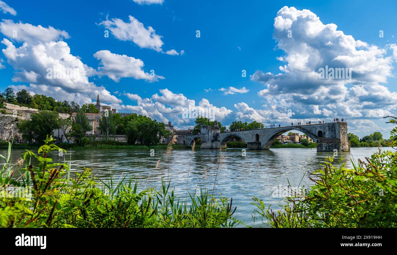 Panorama of Avignon with the Saint Benezet bridge over the Rhone river ...