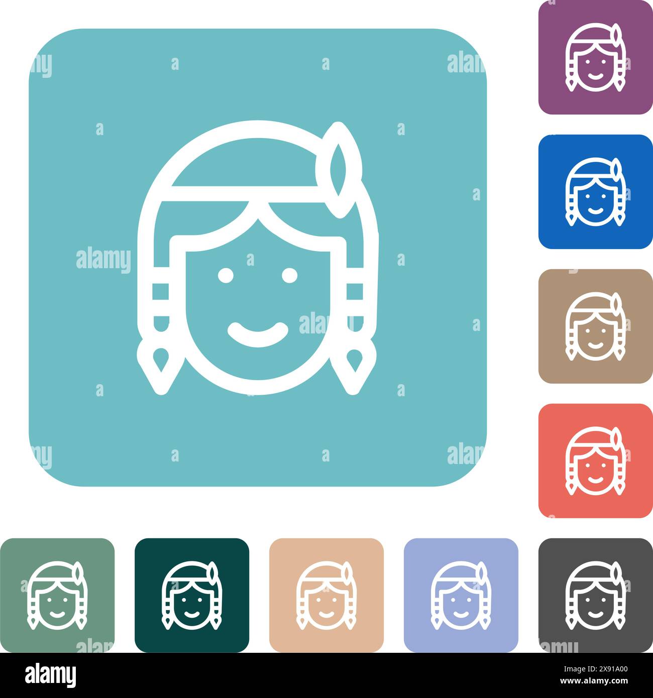 Native american avatar outline white flat icons on color rounded square ...