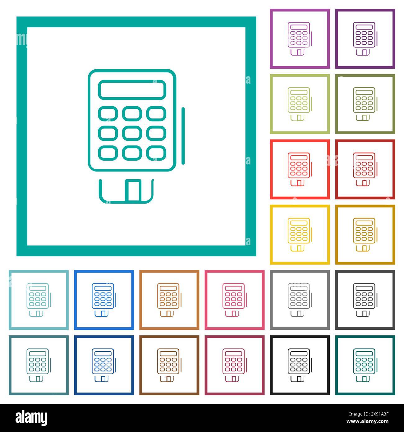 POS terminal outline flat color icons with quadrant frames on white ...
