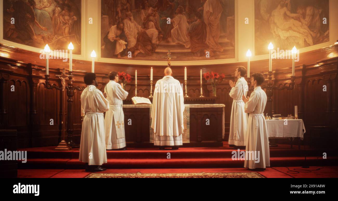 In Grand Old Church at the Altar Ministers Lead The Eucharist, a Sacred ...