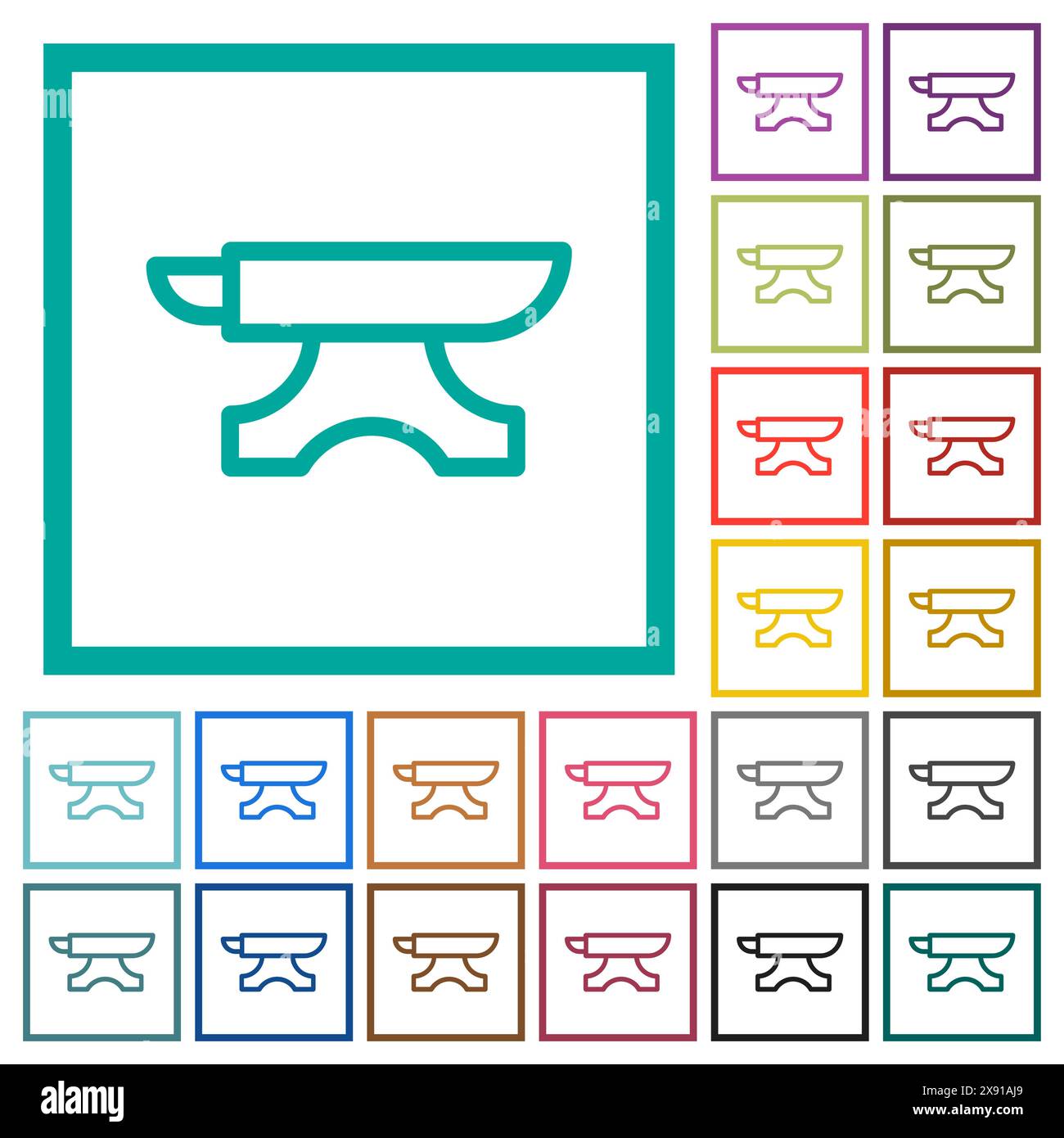 Anvil outline flat color icons with quadrant frames on white background ...