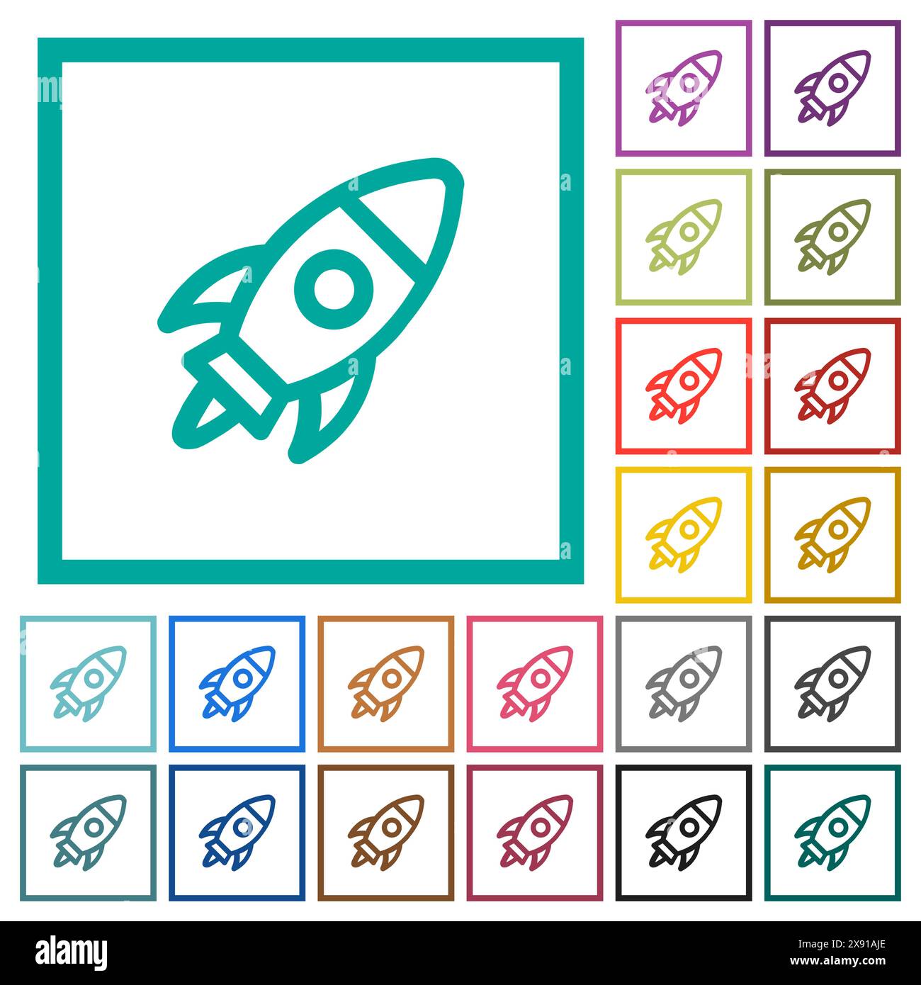 Launched Rocket Outline Flat Color Icons With Quadrant Frames On White Background Stock Vector