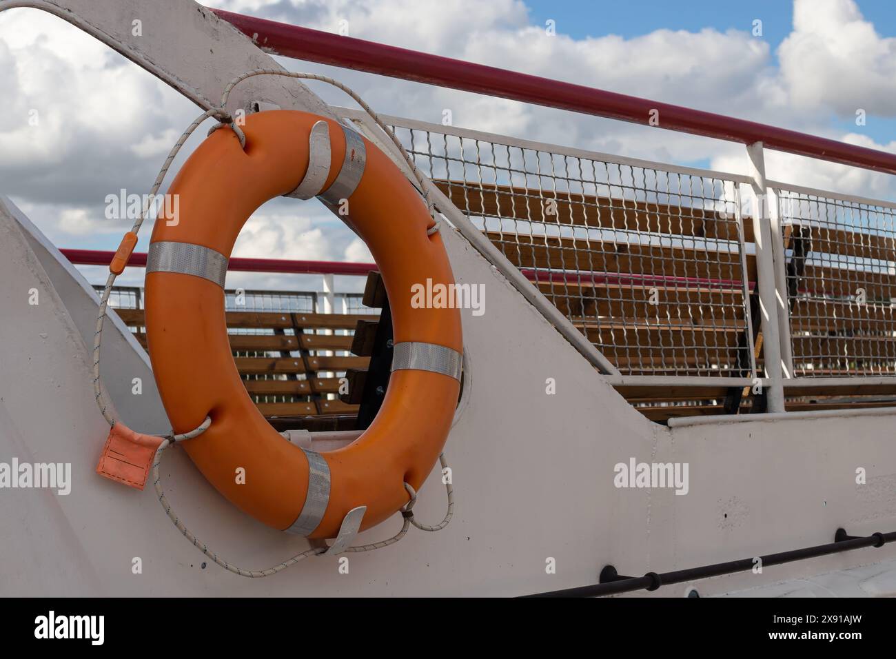 Lifebelt with lifeline on a white background on a ship Stock Photo - Alamy