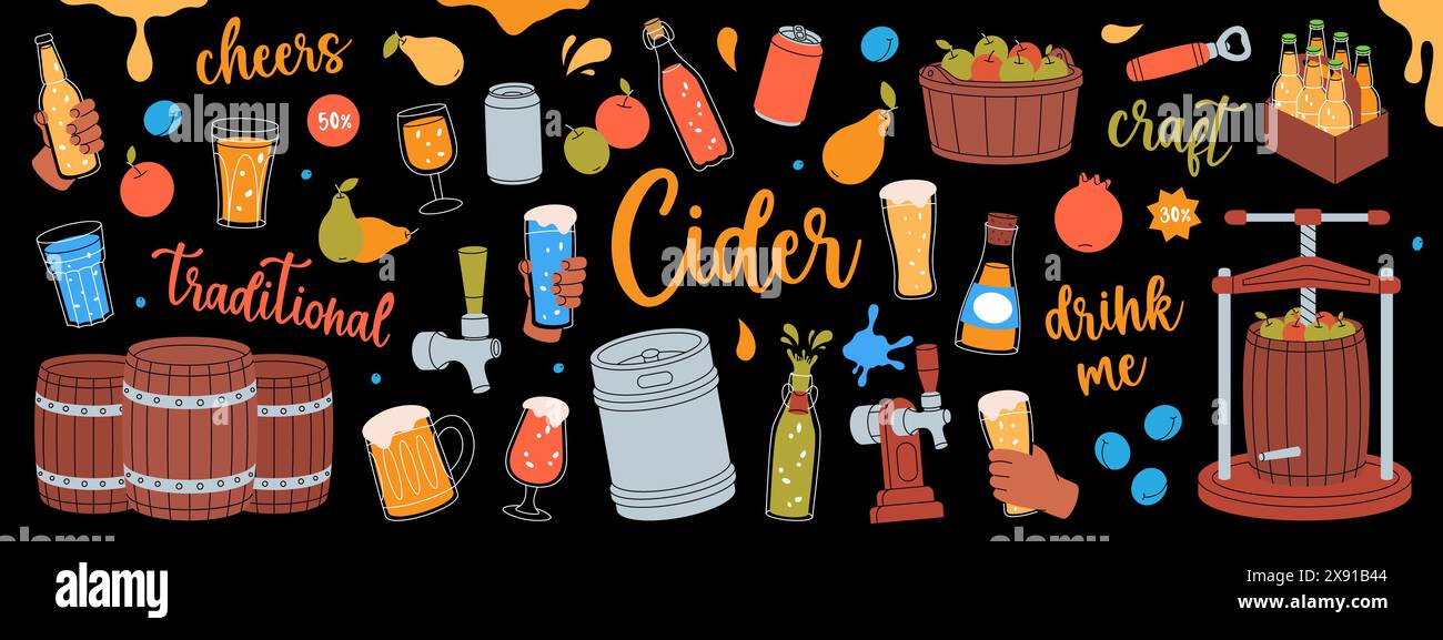 Fruit cider set. Wooden barrels, cans, glasses, mugs, metal keg, bottle ...