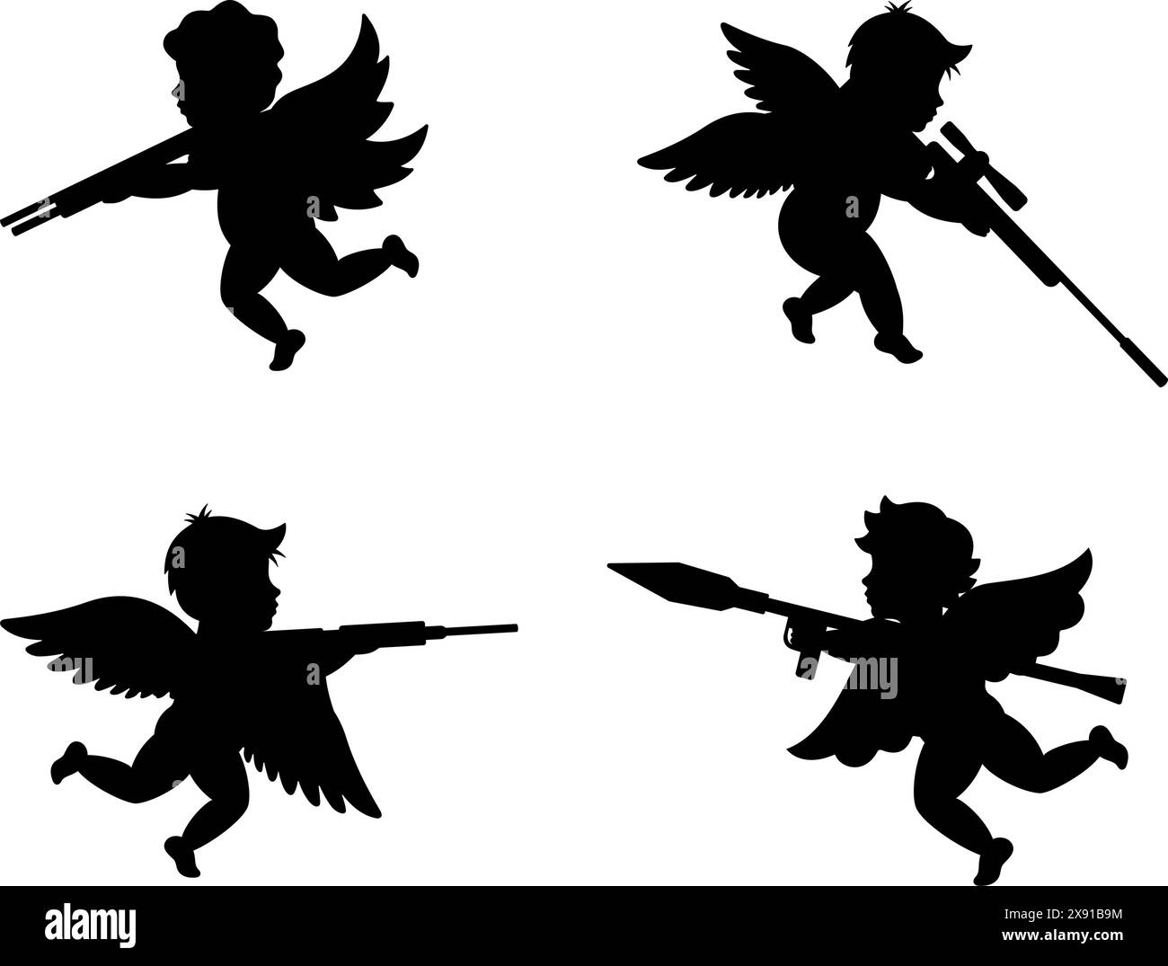 Angels with guns. Cupid shooting a gun. Angel with a wings. Cherubs ...