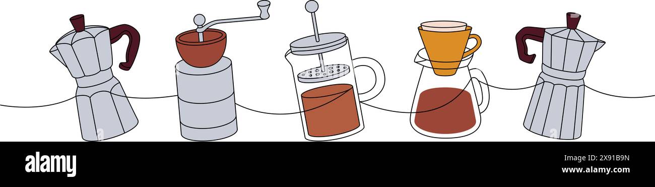 Coffee shop set one line colored continuous drawing. Small coffee ...