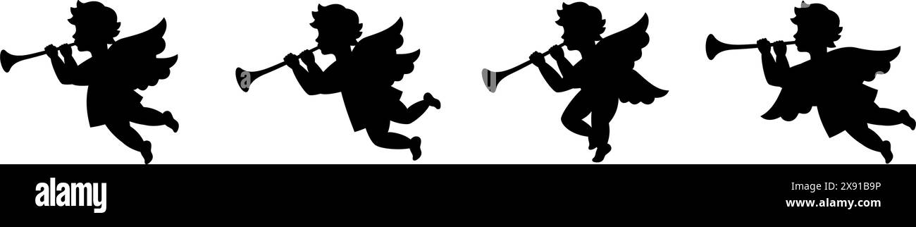 Cherub set. Herald angel blowing trumpet. Angel with a wings. Vector ...