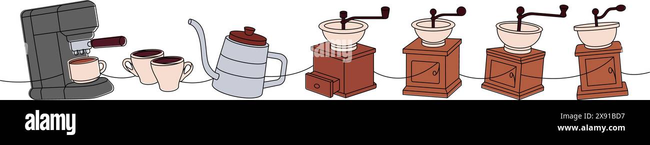 Coffee shop set one line colored continuous drawing. Coffee machine ...