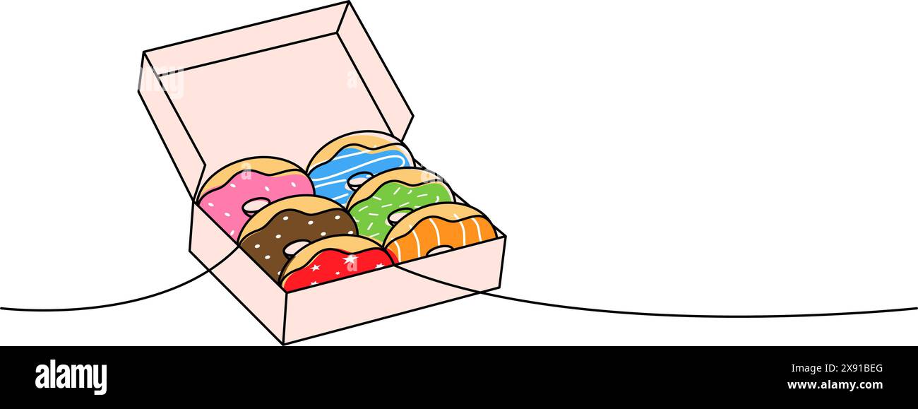 Donuts in a box one line colored continuous drawing. Bakery sweet ...