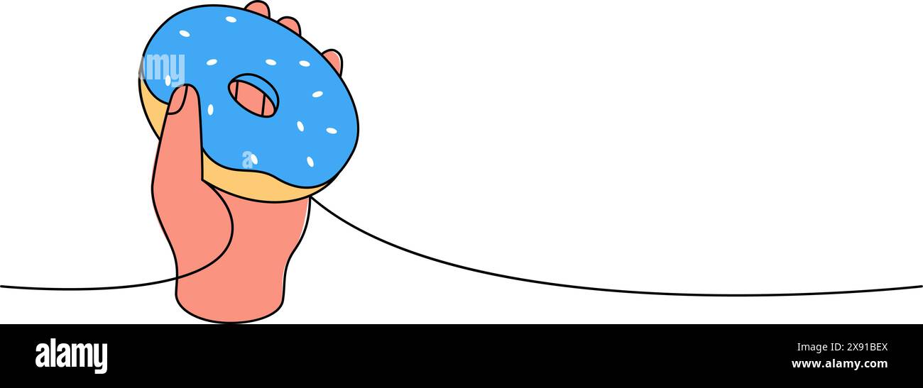 Hand holding delicious doughnut one line colored continuous drawing ...