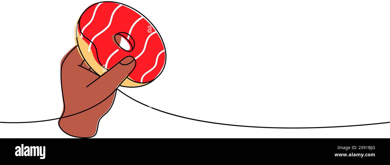 Hand holds a donut one line colored continuous drawing. Bakery sweet ...